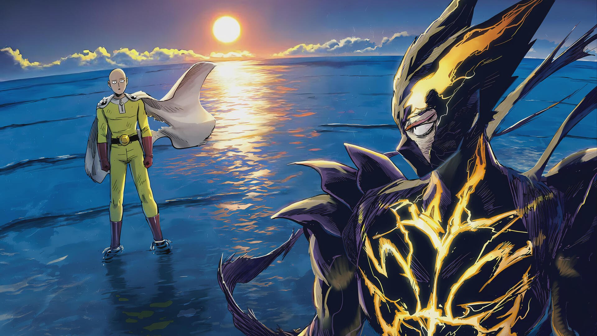 One-Punch Man 8K Ultra HD: Saitama vs Awakened Monster at Sunset