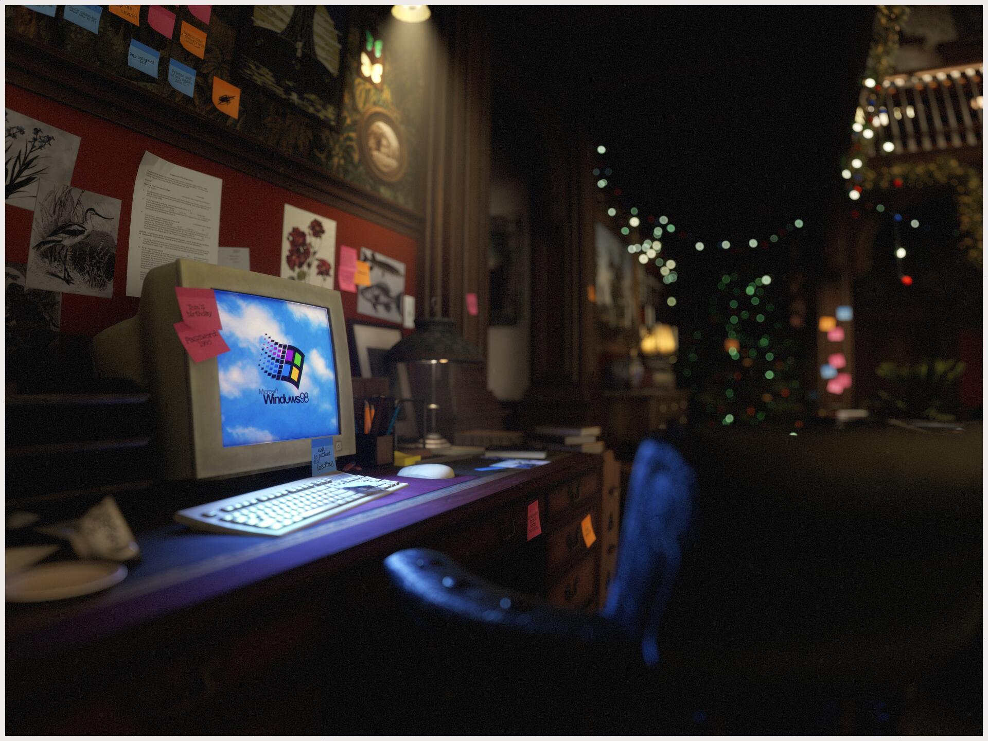 Retro Windows 98 Night Desk — 4K Ultra HD Computer Wallpaper