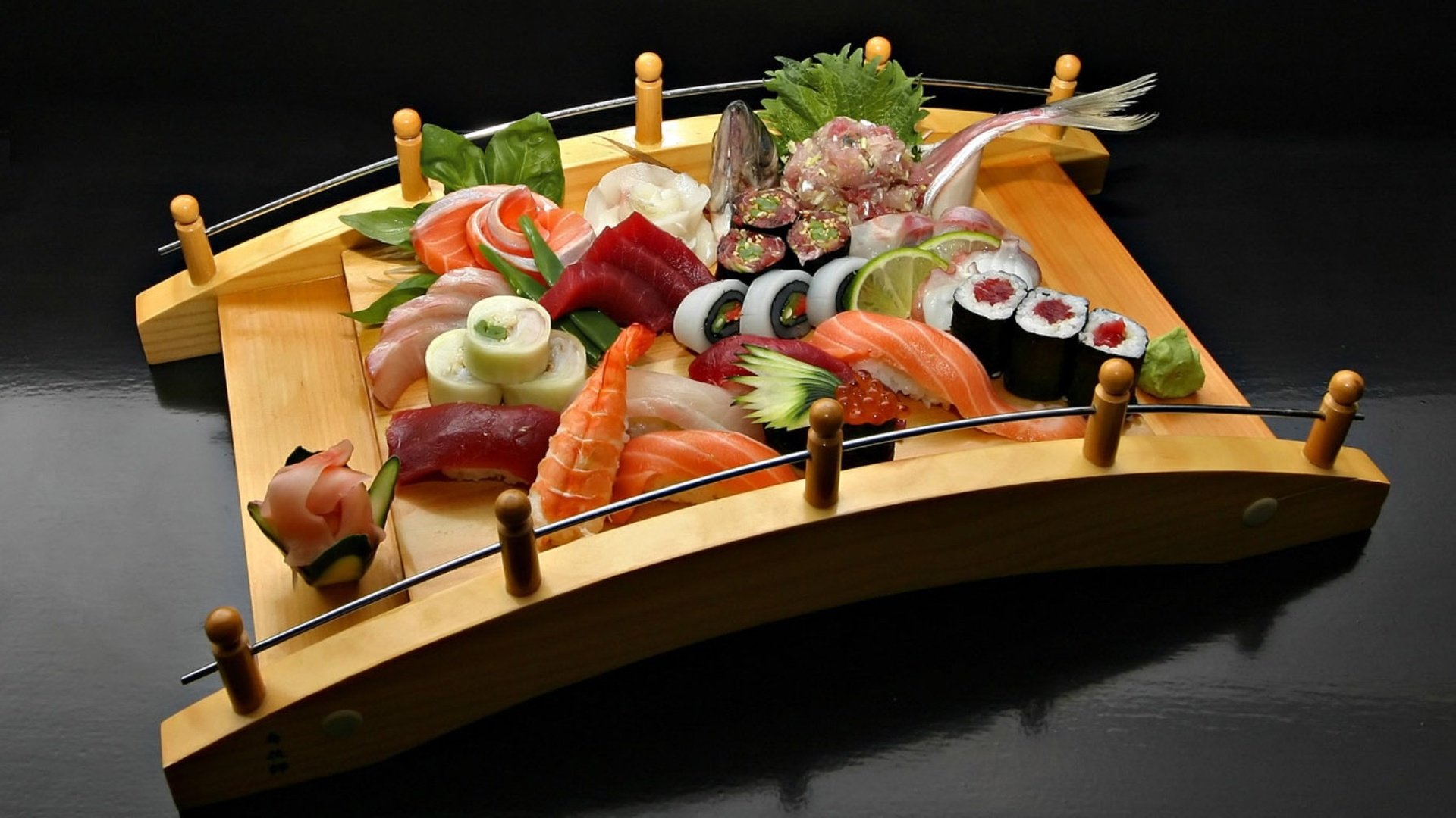 Exquisite Sushi Feast: HD Culinary Art on a Bamboo Bridge
