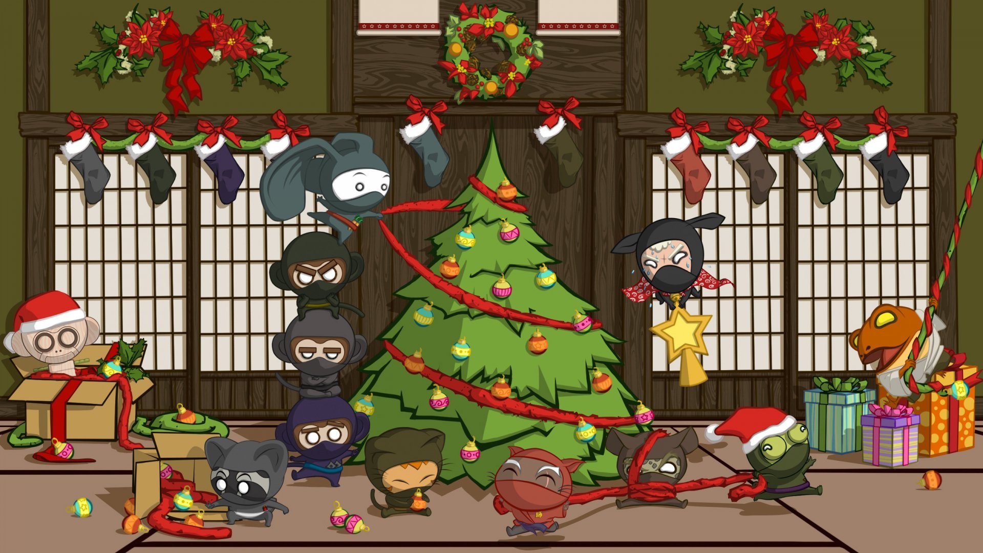Ninja Christmas Tree: Ornament Mayhem - 2K Quad HD Holiday Wallpaper
