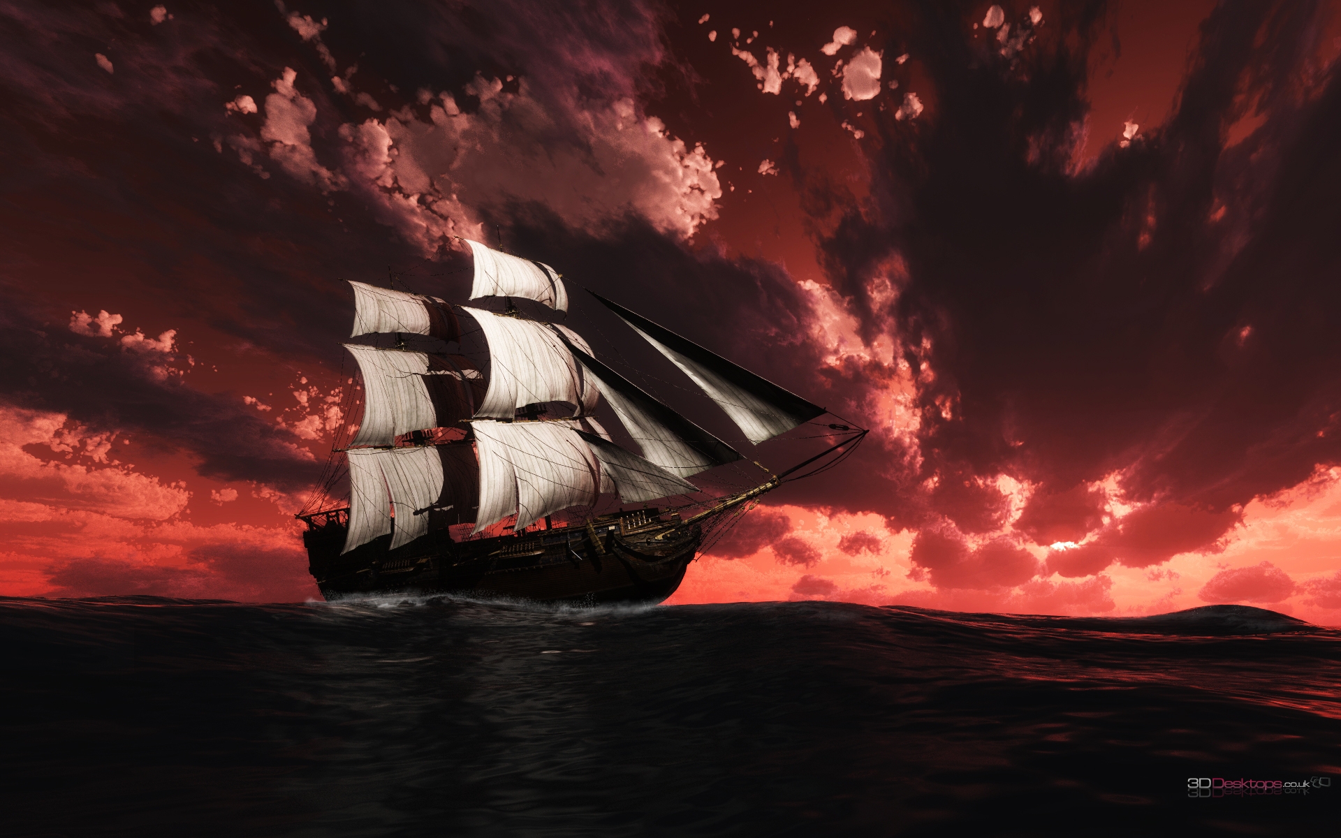 Epic Fantasy Ship Sailing Through a Majestic Crimson Sky - HD Wallpaper