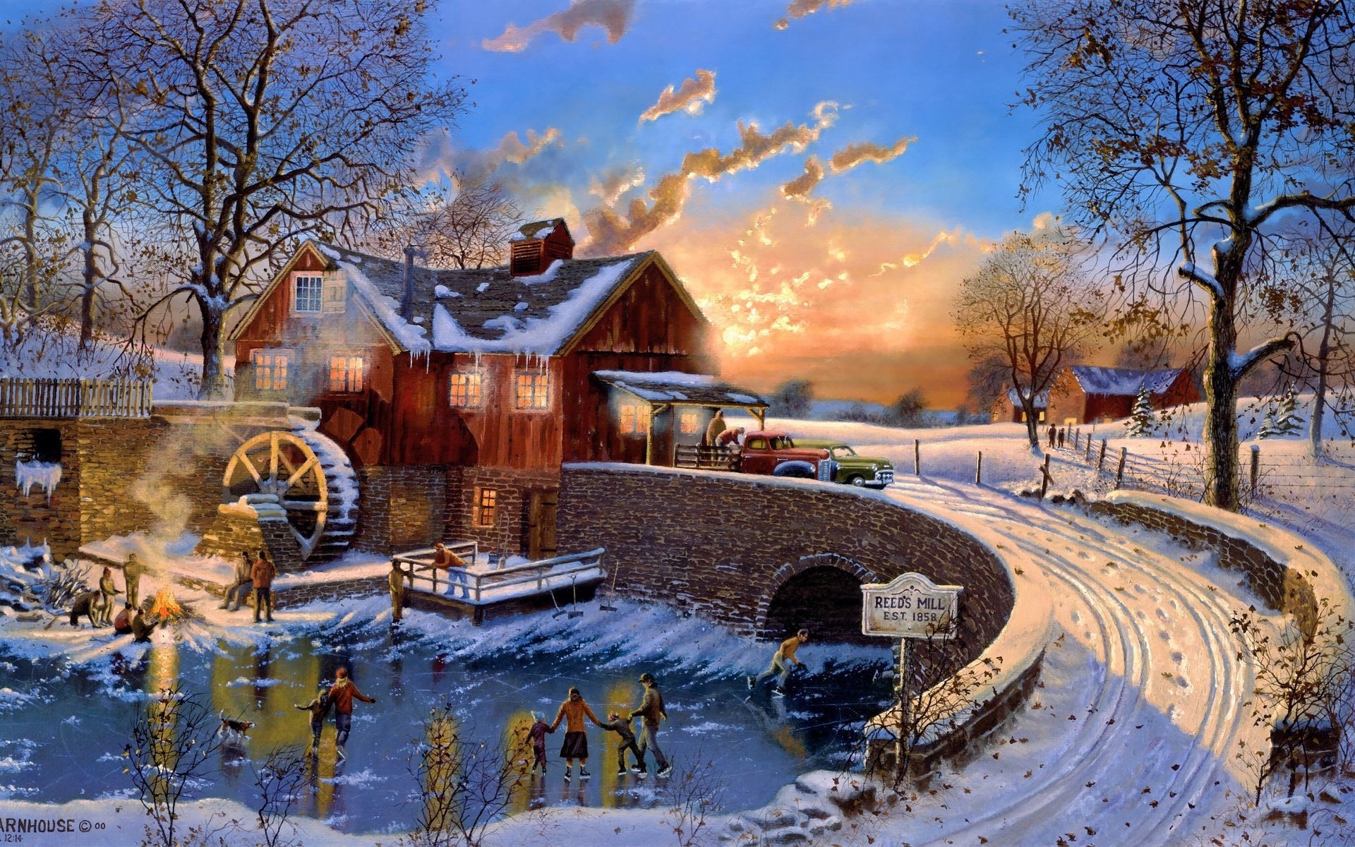 Artistic Winter Watermill HD Wallpaper: Serene Sunset by the Mill