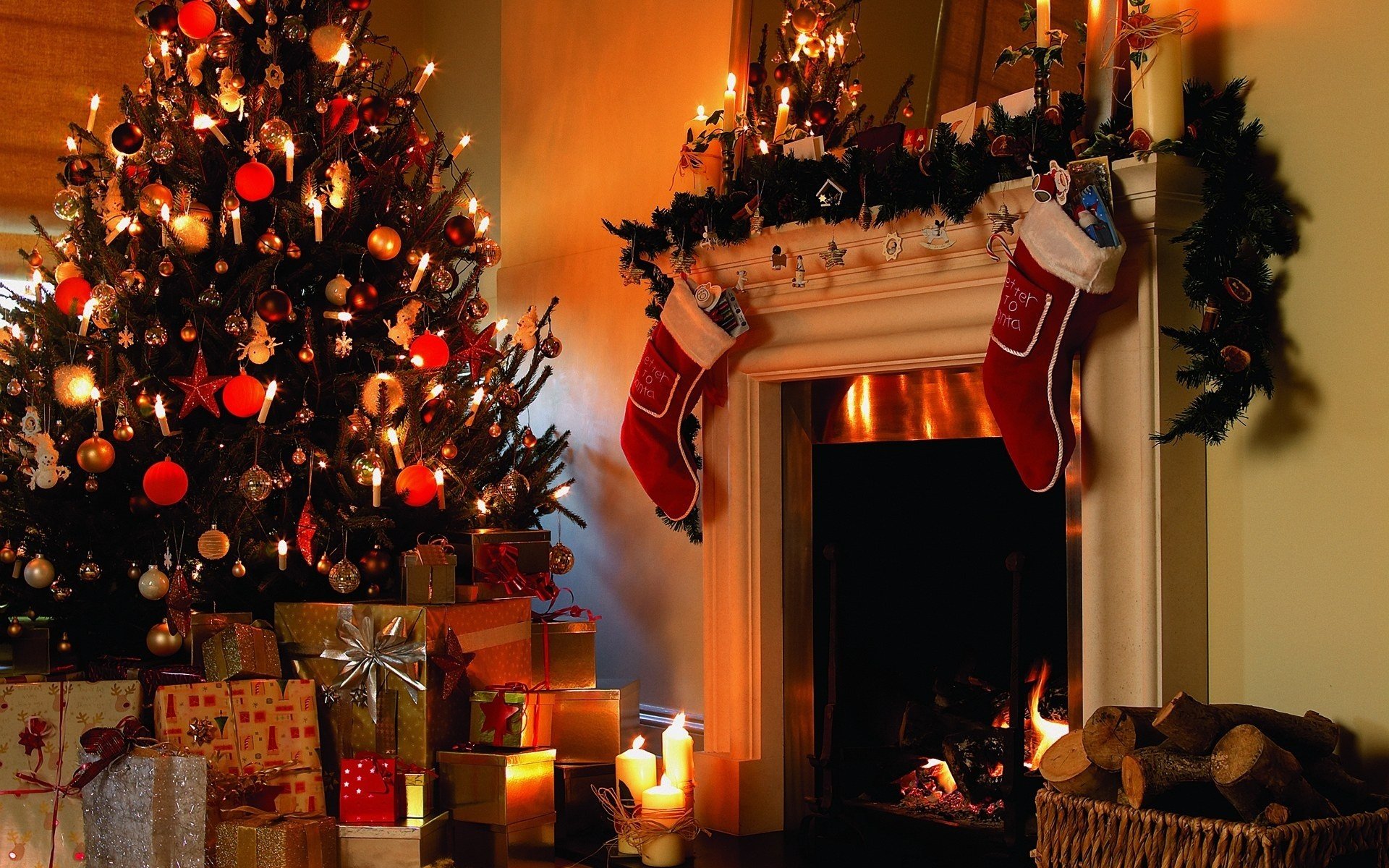 Cozy Christmas Charm: HD Wallpaper of Ornaments and a Warm Fireplace