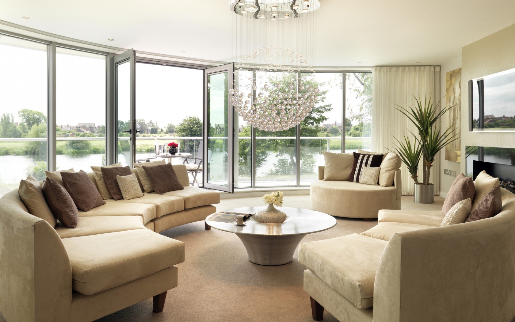 Serene Lakeside Living Room – HD Man-Made Interior Wallpaper