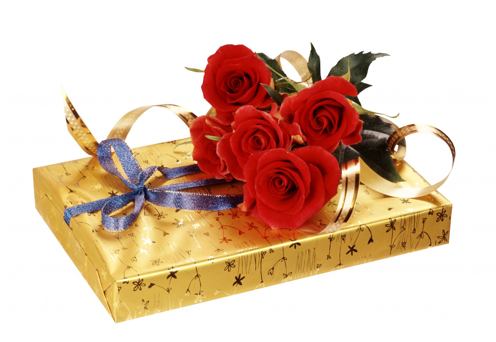 Elegant Gift: Red Roses on Gold Wrapped Present – HD Wallpaper Delight