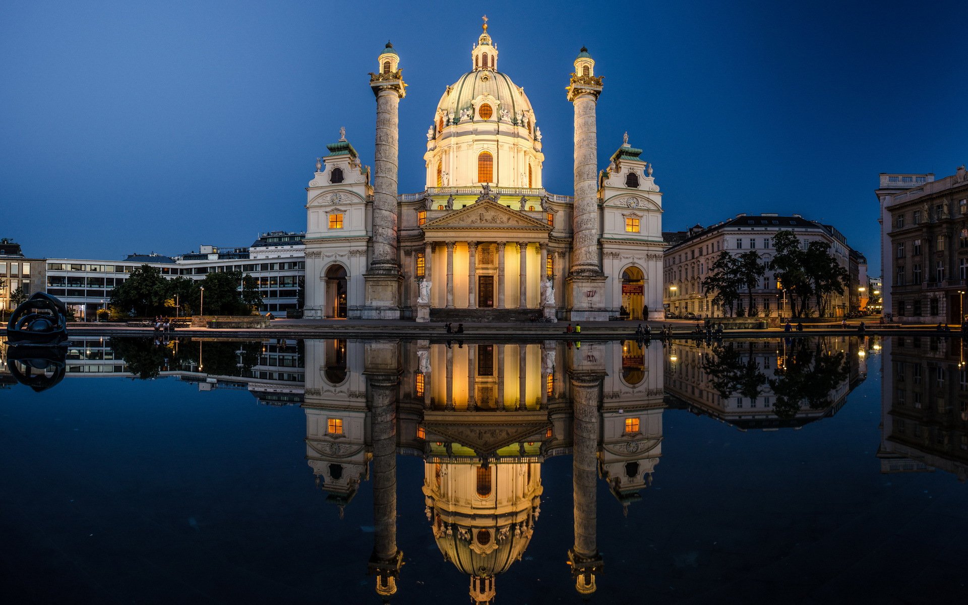 Majestic Man-Made Masterpiece: Illuminated Building Reflection HD Wallpaper