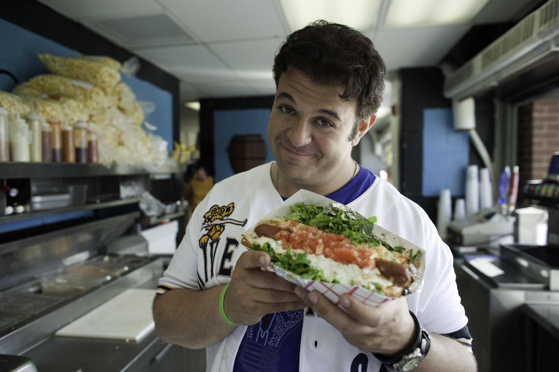 Man Holding Giant Sandwich HD Wallpaper