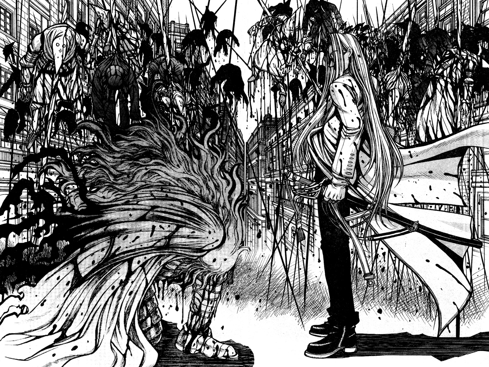 Hellsing HD Anime Wallpaper: Dark Gothic Showdown in Black & White