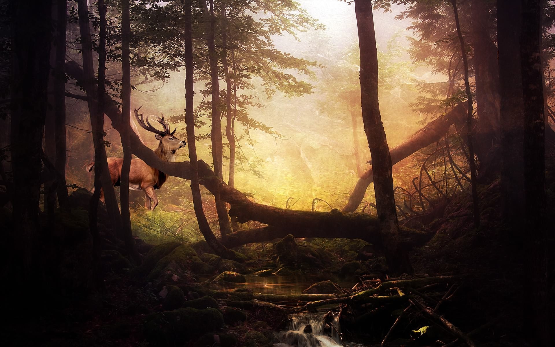 Download Painting Sunshine Stream Tree Deer Forest Artistic Artwork HD ...