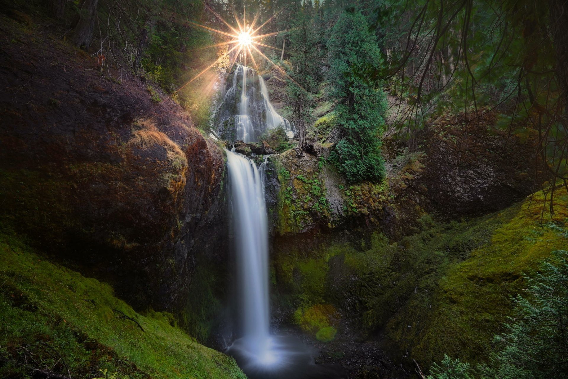 Sunlit Moss Veil: Serene Waterfall HD Wallpaper in Nature’s Embrace by ...