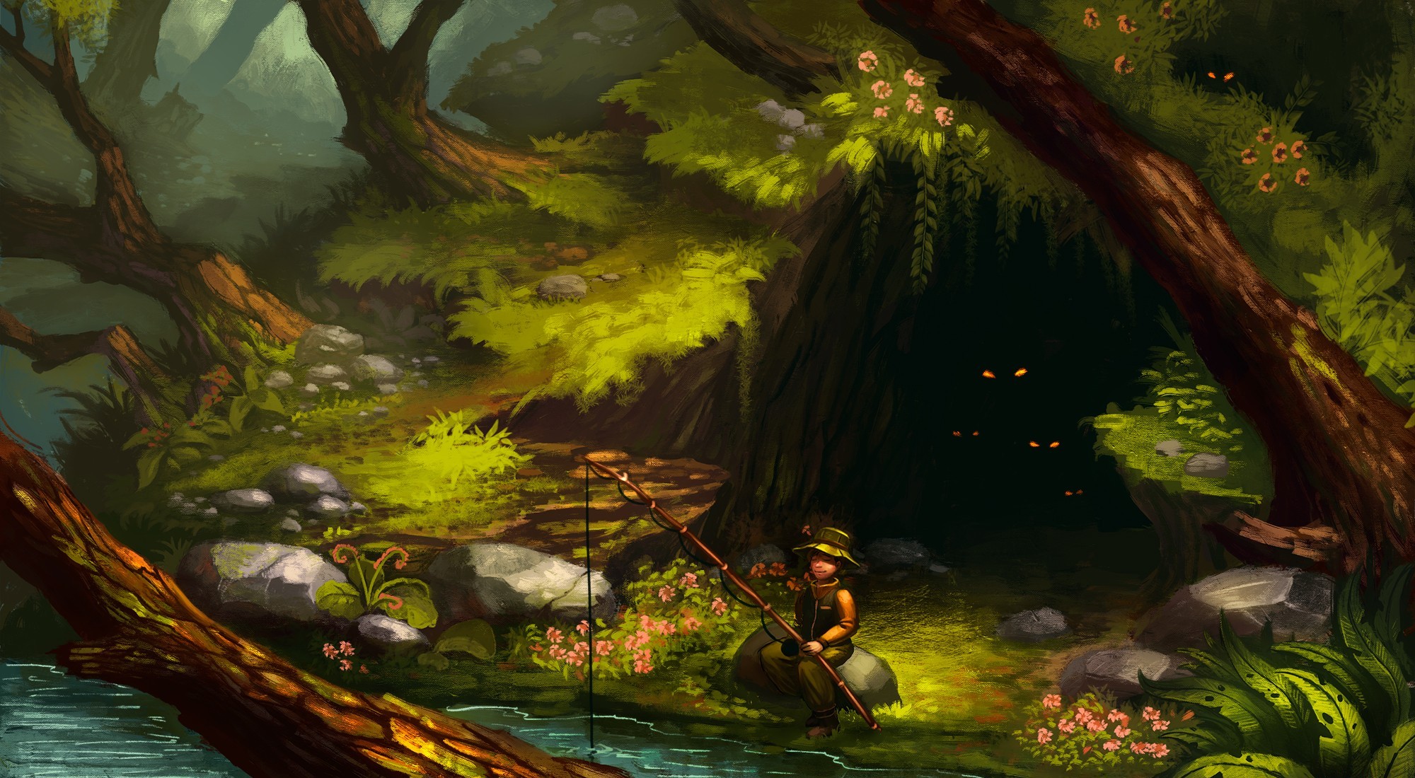 Mystic Eye of the Forest Cave: Artistic Fishing HD Wallpaper by Lepyoshka