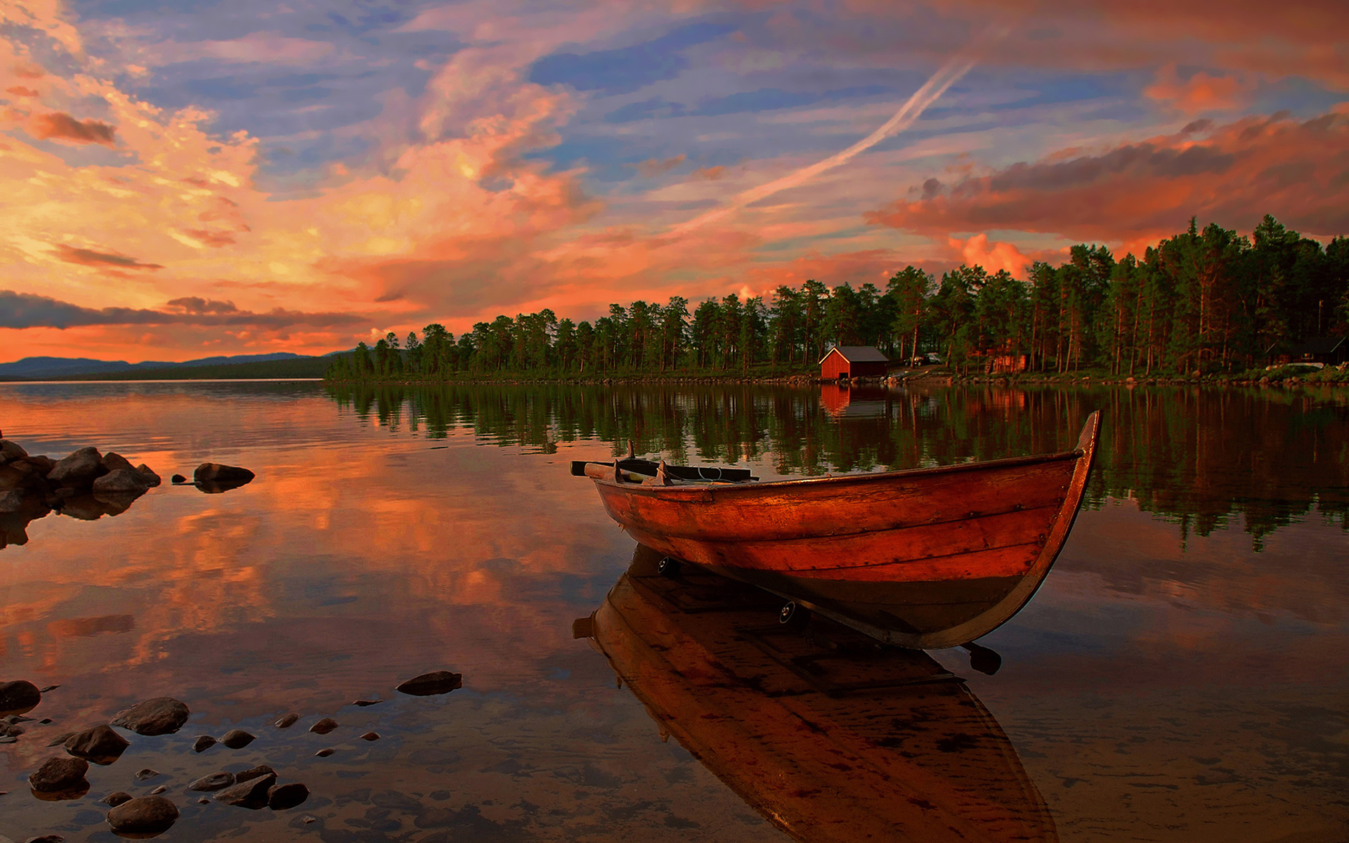 Serene Sunset Escape: HD Boat Wallpaper on Tranquil Waters