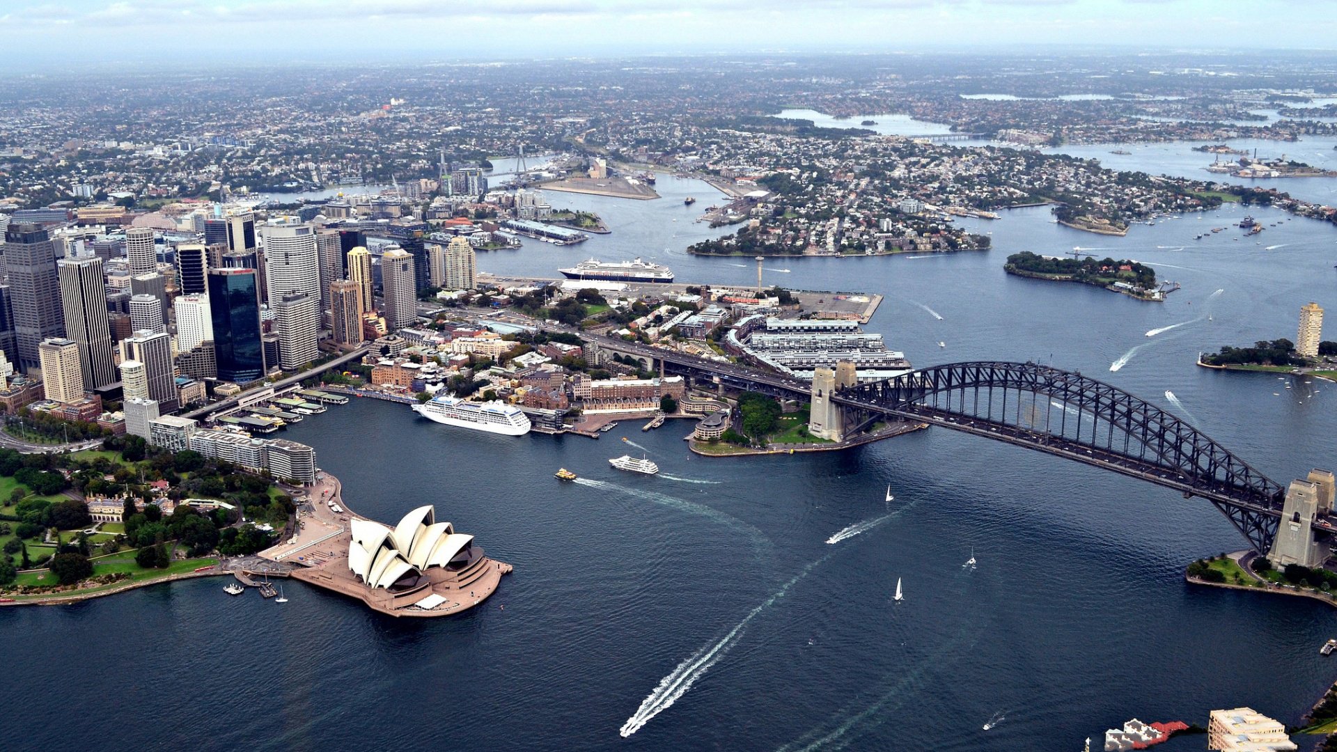 Sydney Skyline Aerial: Iconic Harbour Bridge & Opera House HD Wallpaper