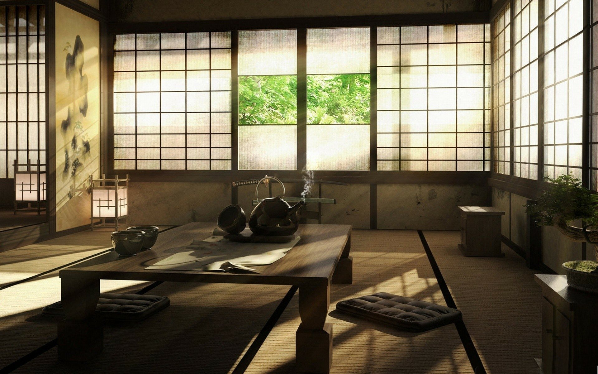 Serene Katana Room: Man-Made Harmony HD Wallpaper | 1920x1200 ...