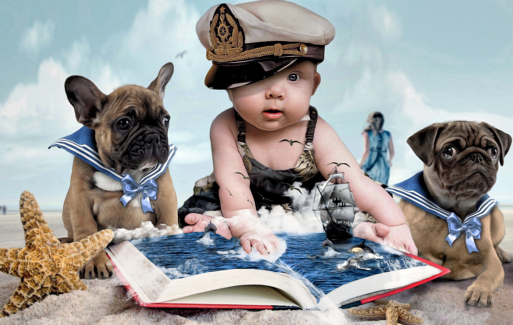 Seafaring Adventures: Baby Captain and Pug Crew on a Magical Beach Voyage