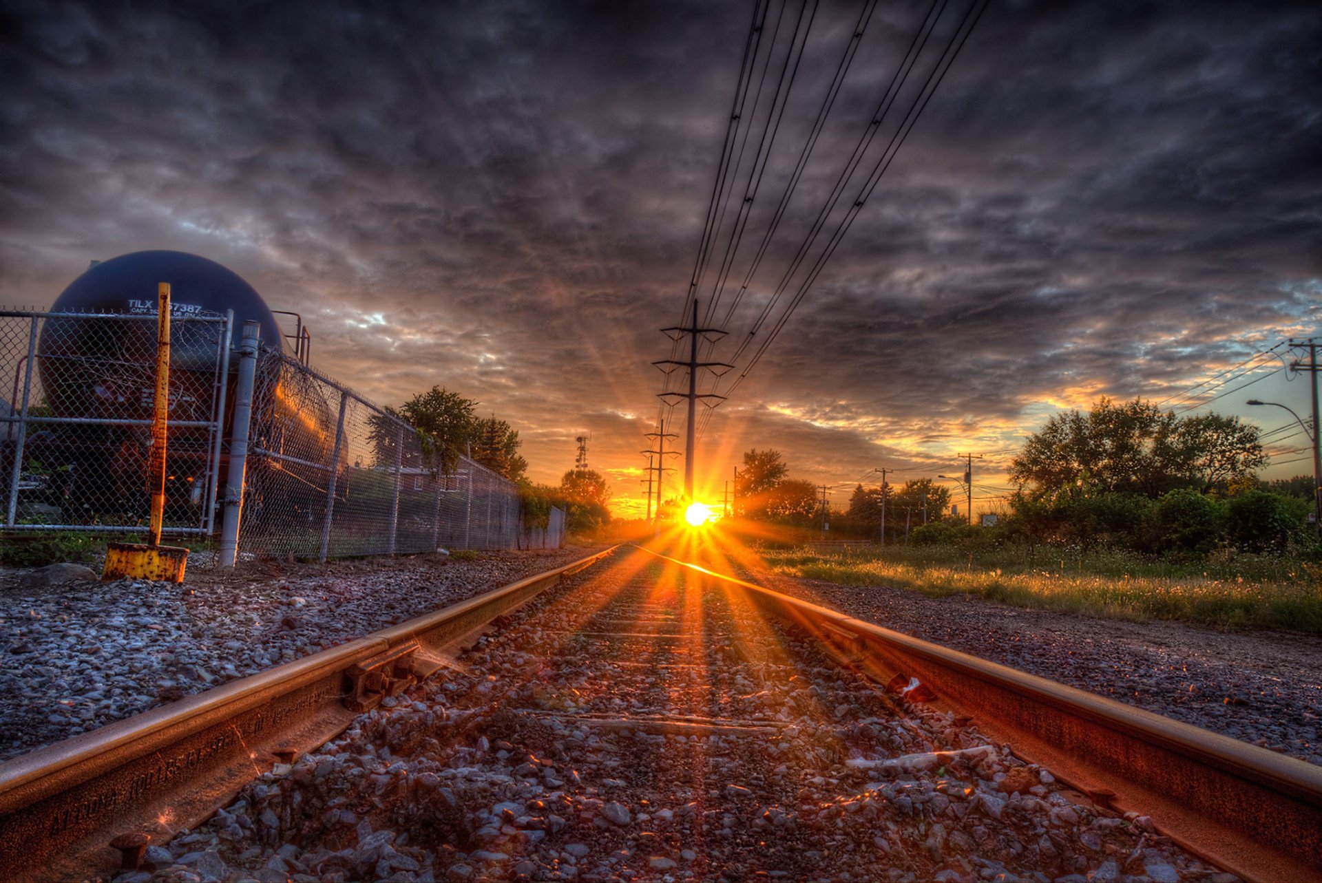 Download Power Line Sunbeam Cloud Railroad Photography Sunset HD Wallpaper
