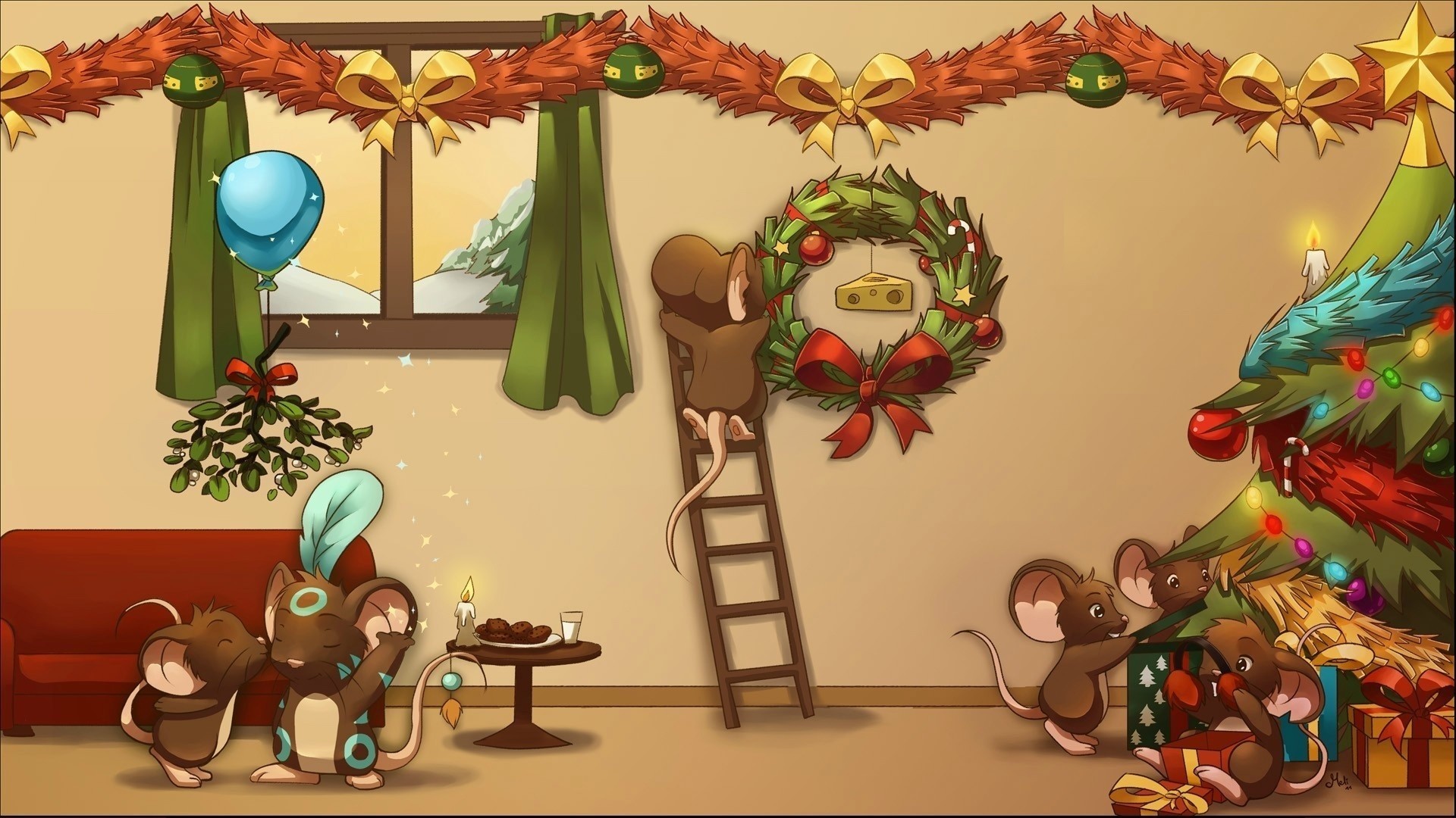 Festive Mice Decorating a Holiday Christmas Tree – HD Wallpaper Magic