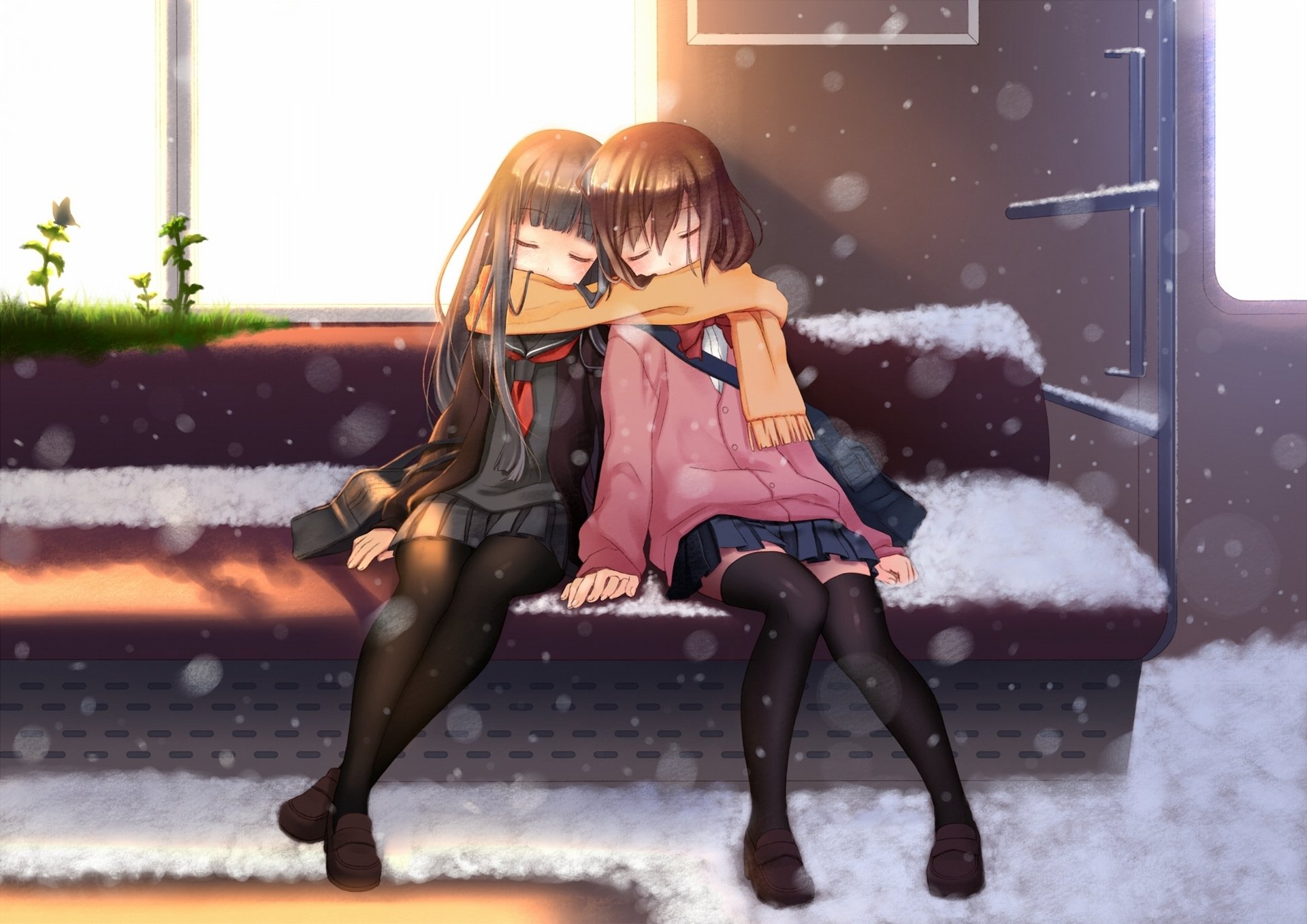 Winter Embrace: HD Wallpaper of Anime Friends in Snowfall
