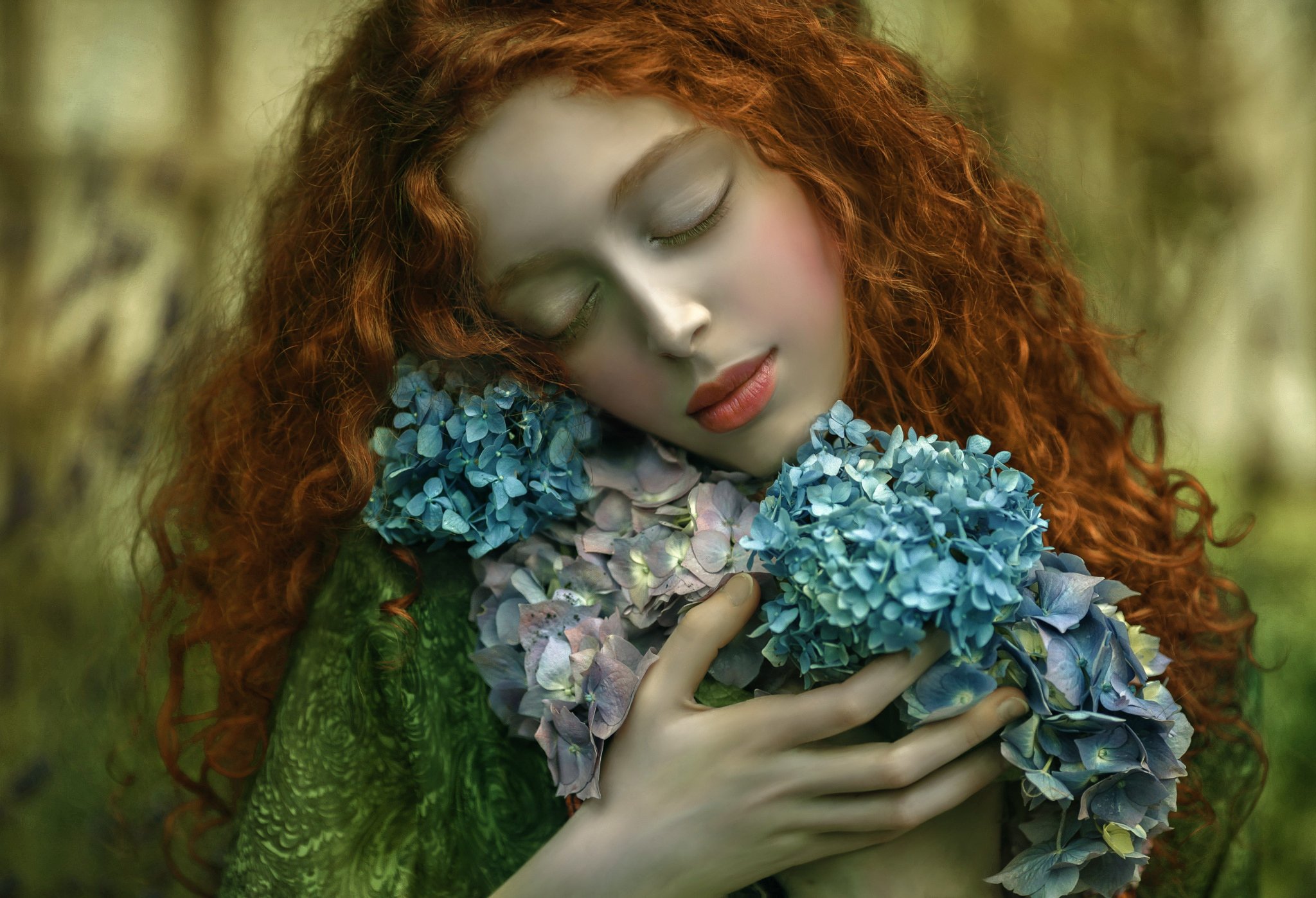 Download Long Hair Hydrangea Redhead Nature Flower Woman Photography HD ...