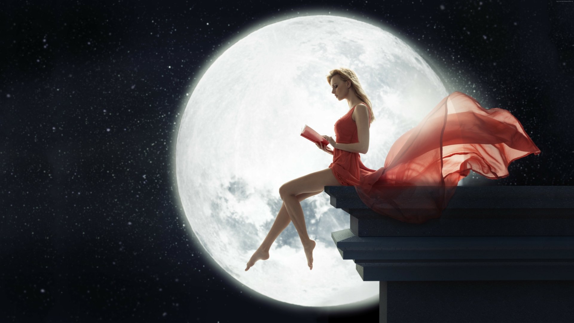 Fantasy in 8K: Woman in Red Dress Beneath the Moon | 7680x4320 ...
