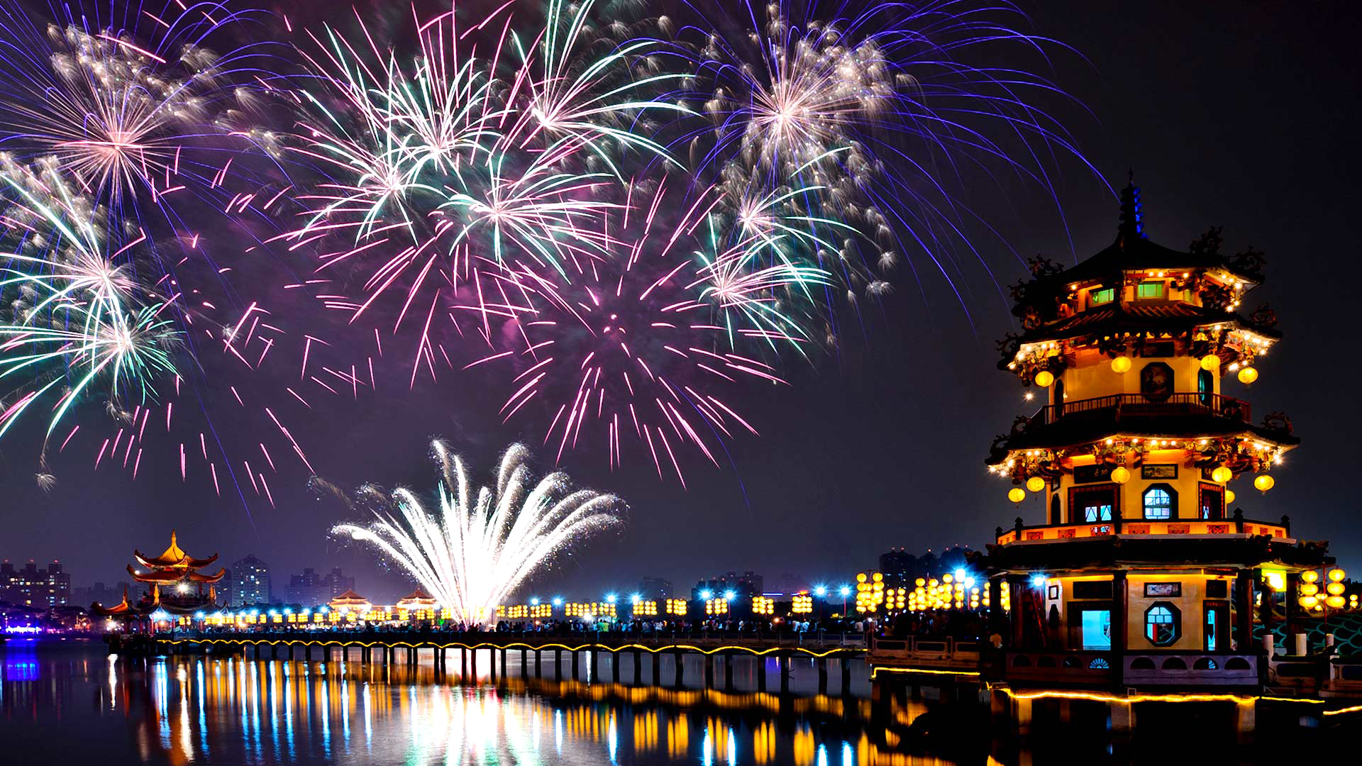 Taiwan Nightscape: Vibrant Fireworks Light Up Celebratory Reflections