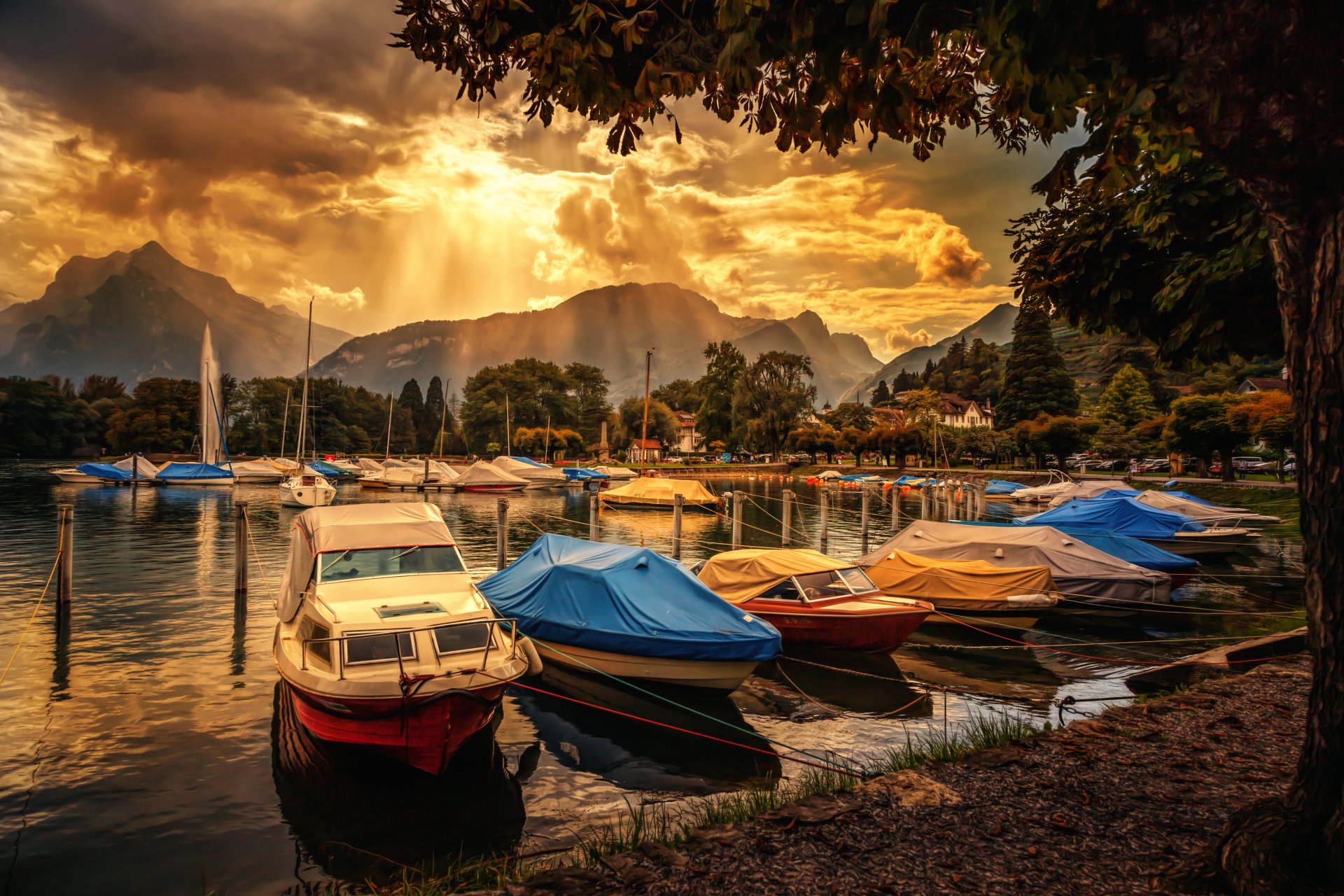 Sunset Glow at the Marina: HDR 4K Ultra HD Boats Under Golden Skies