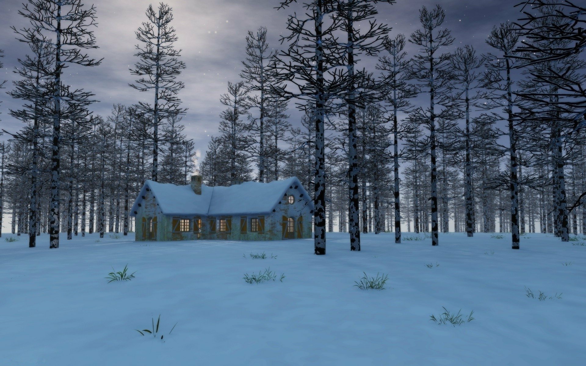 Download Dusk Forest Tree Snow Winter Artistic House HD Wallpaper