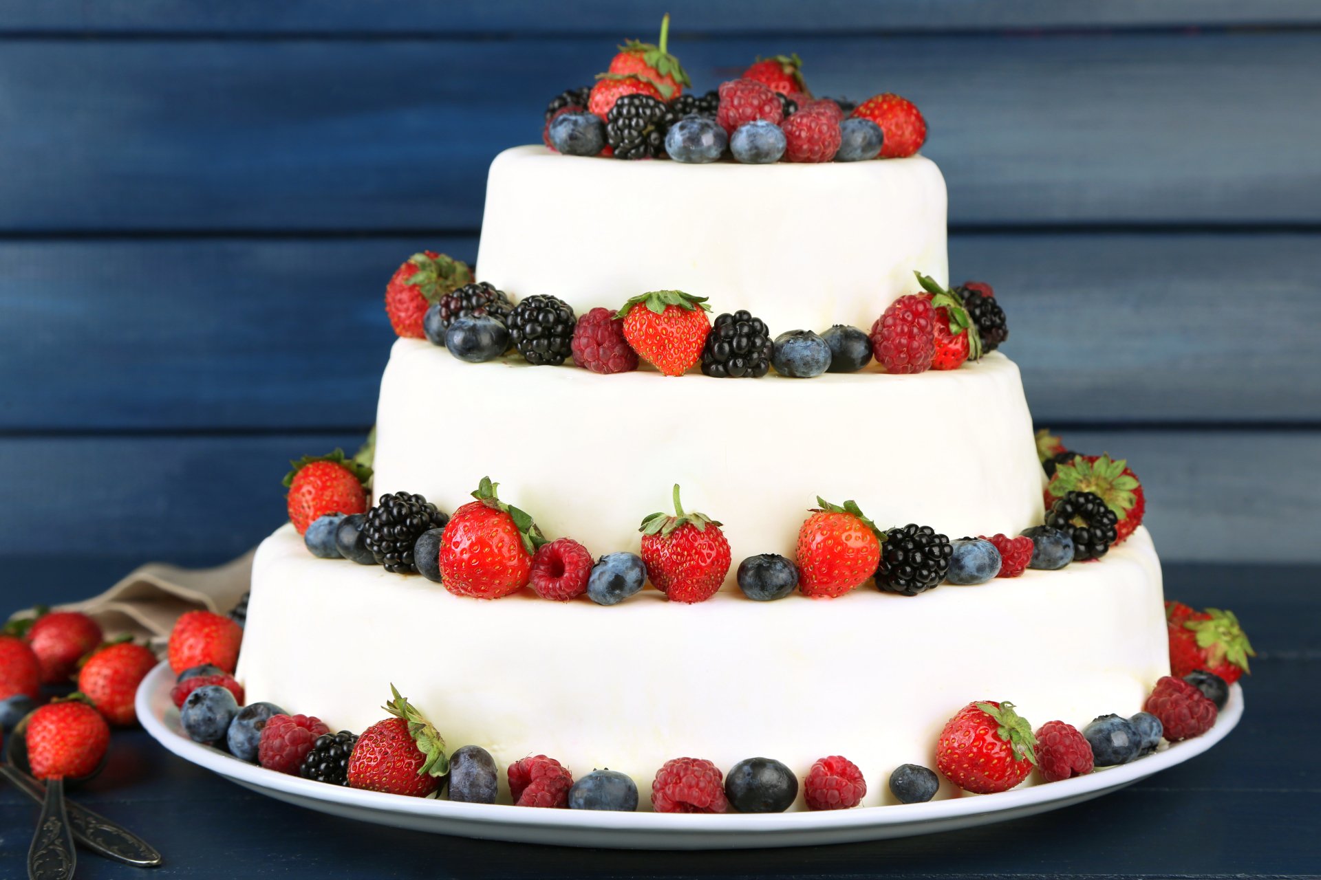 Mixed Berry Cream Three-Tier Cake — Strawberries, Blueberries ...