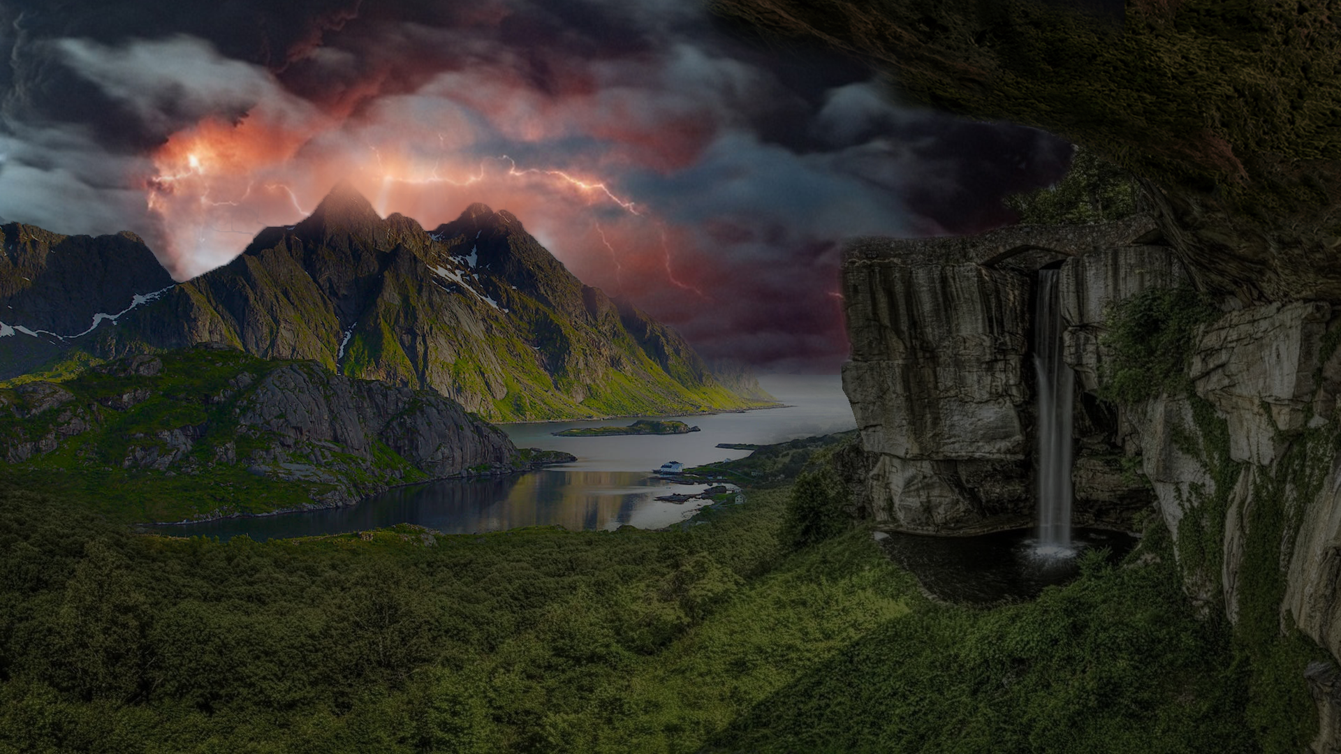 Majestic Stormy Landscape: HD Wallpaper of Mountains and Waterfalls