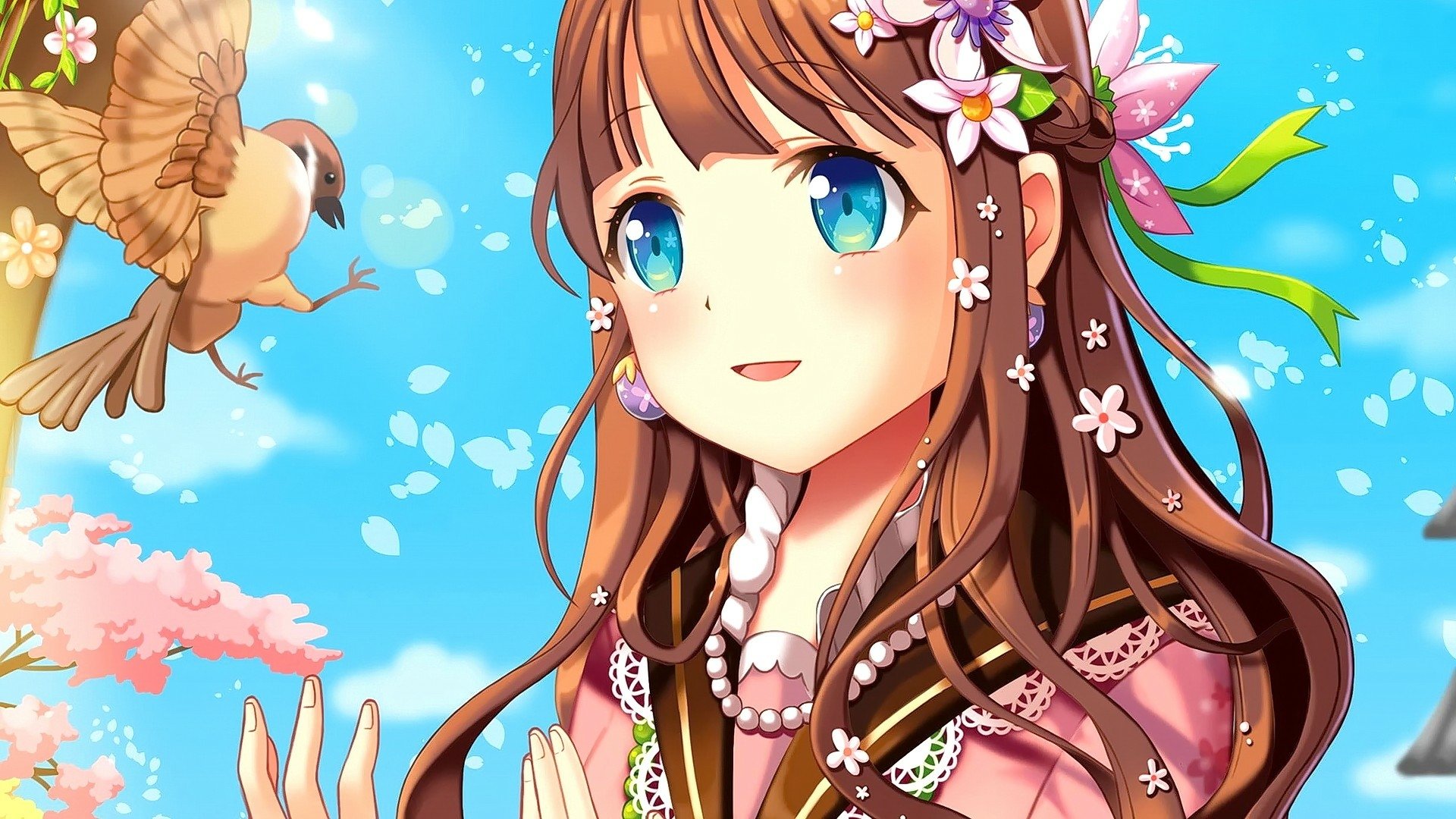 Radiant Anime Girl with Blue Eyes and Bird Hair Ornament HD Wallpaper