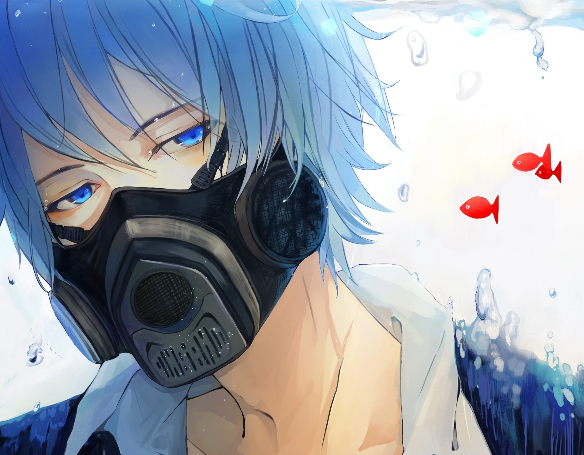 Kaito's Blue Gaze: Underwater Serenity with Masked Melody | 2480x1932 ...