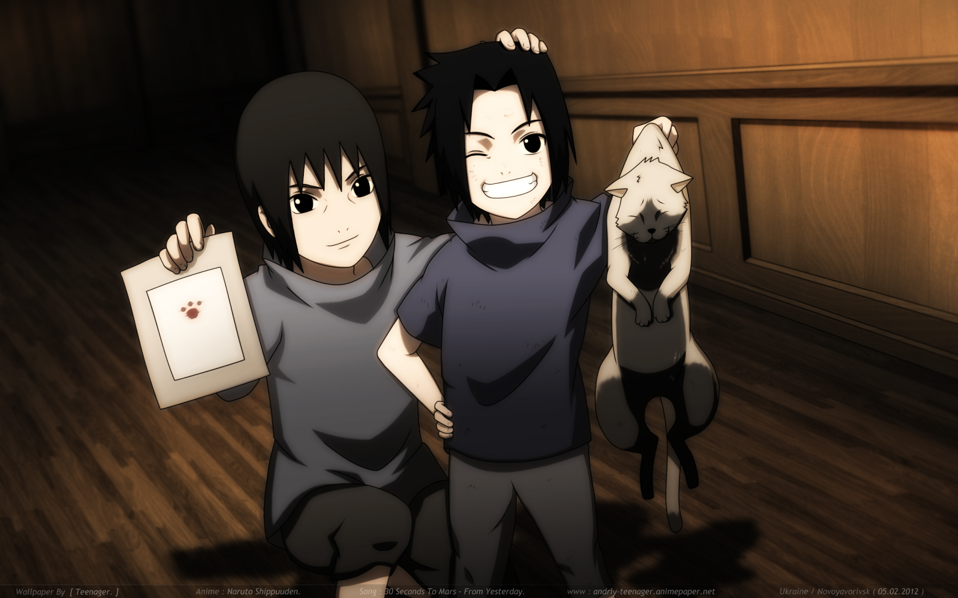 HD Wallpaper of Itachi and Sasuke Uchiha with an Anime Cat