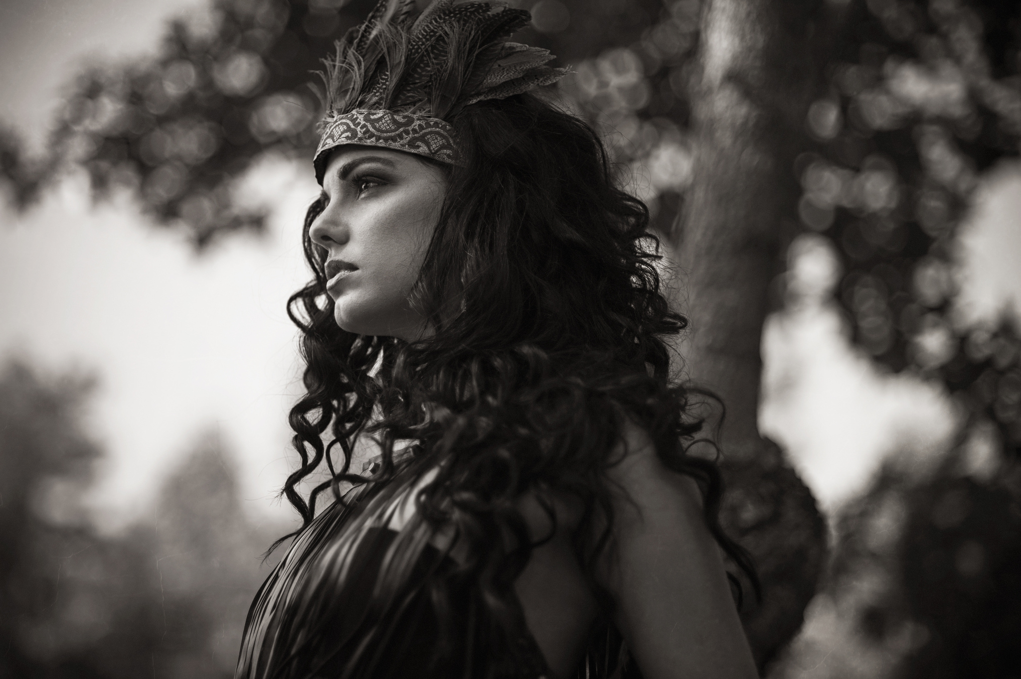 Elegant Brunette in Bokeh: Black & White Outdoor Beauty Wallpaper by ...