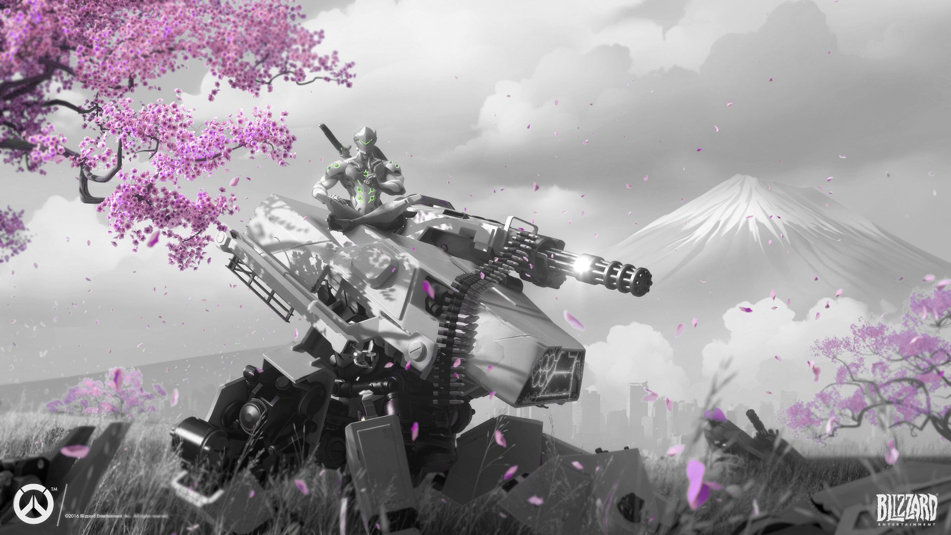 Genji Overwatch HD Wallpaper – Futuristic Samurai Amid Cherry Blossoms