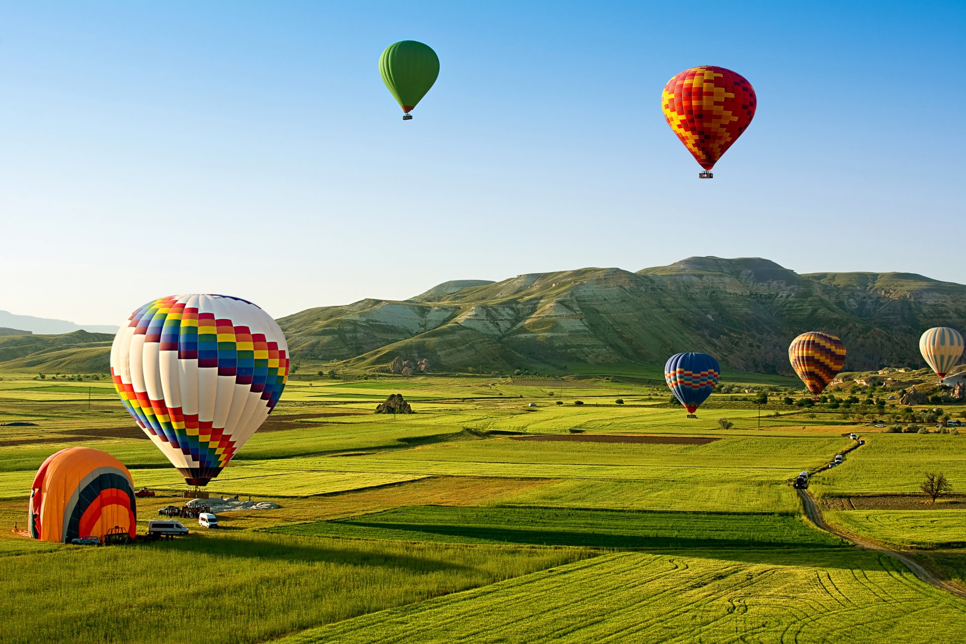 Soaring Colors: 4K Ultra HD Hot Air Balloons Over Lush Green Fields