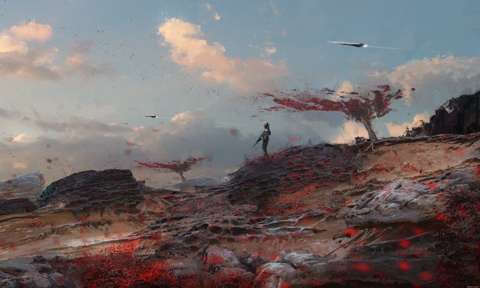 Sci-Fi Sentinel: Soldier Amidst Alien Trees in a Stunning HD Landscape ...
