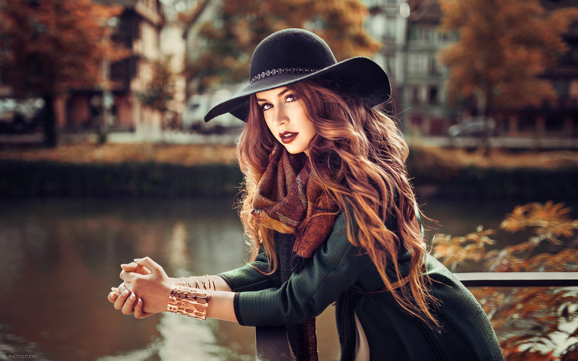 Autumn Elegance: Brunette Model in Hat and Scarf HD Wallpaper by Lods ...