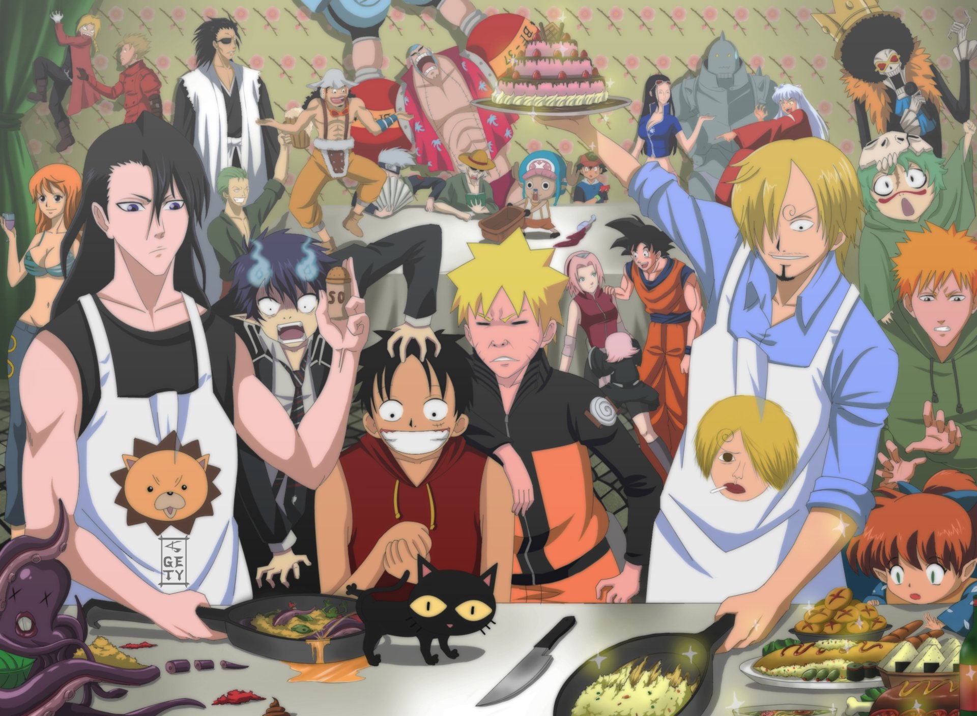 Vibrant Anime Crossover HD Wallpaper: Culinary Chaos Unleashed by Argjent