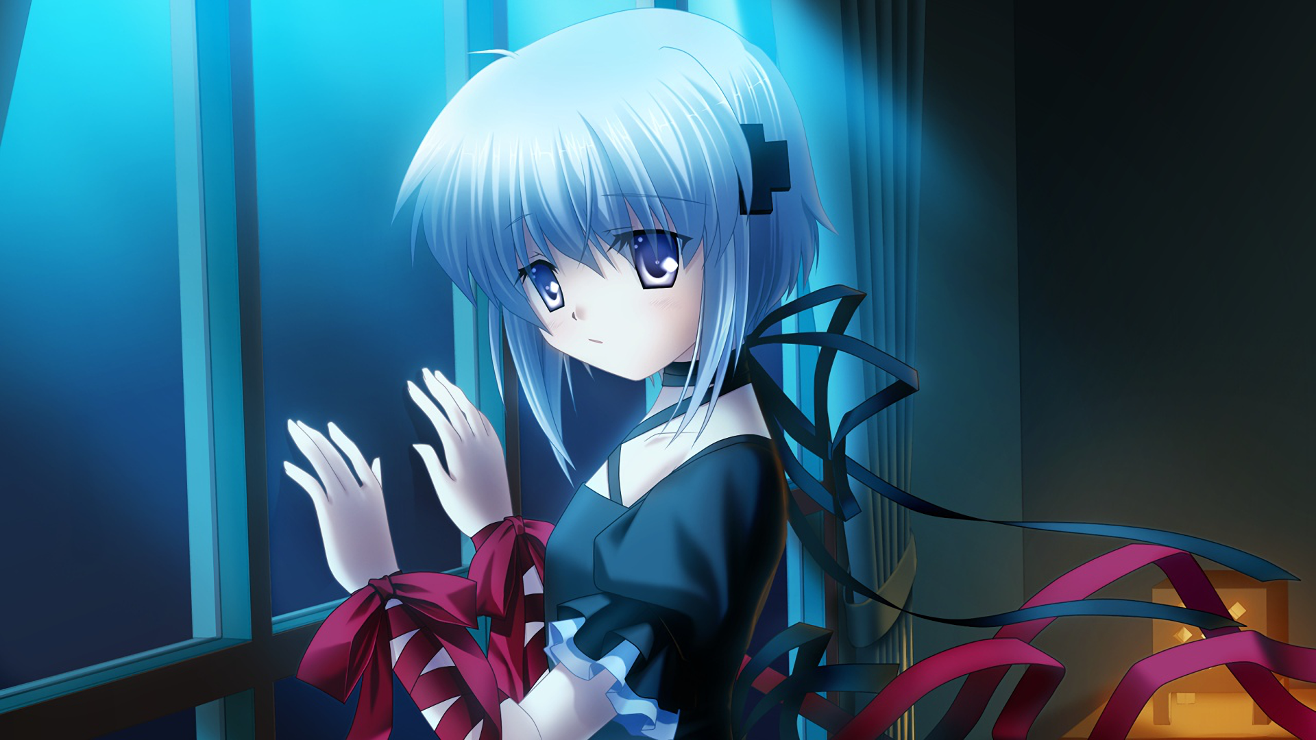 Rewrite Anime HD Wallpaper: Serene Blue-Haired Girl in Moonlight