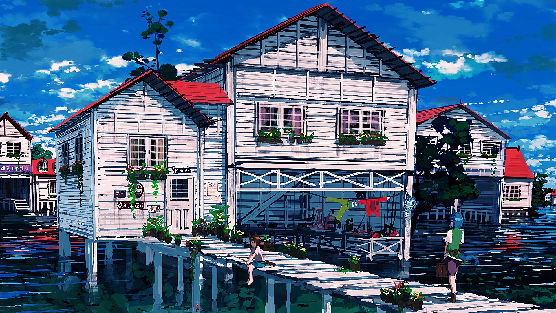 Anime Harbor Home: HD Scenic Building Wallpaper