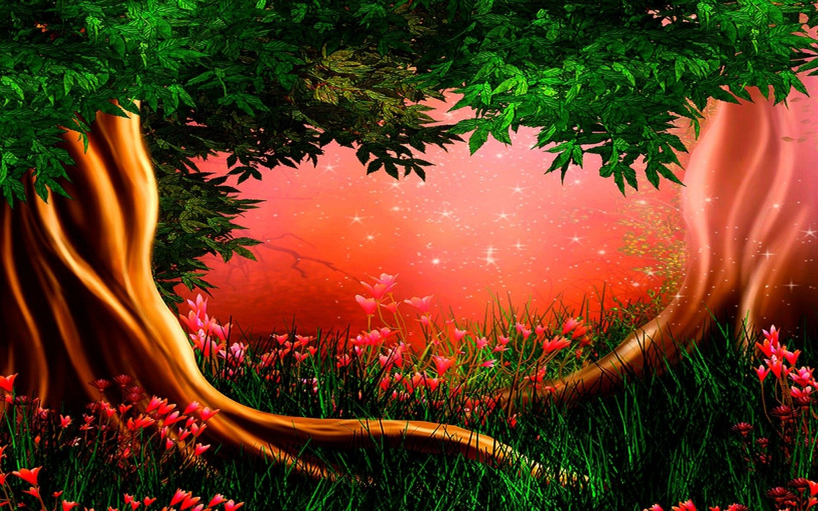 Download Flower Grass Tree Artistic Forest Wallpaper