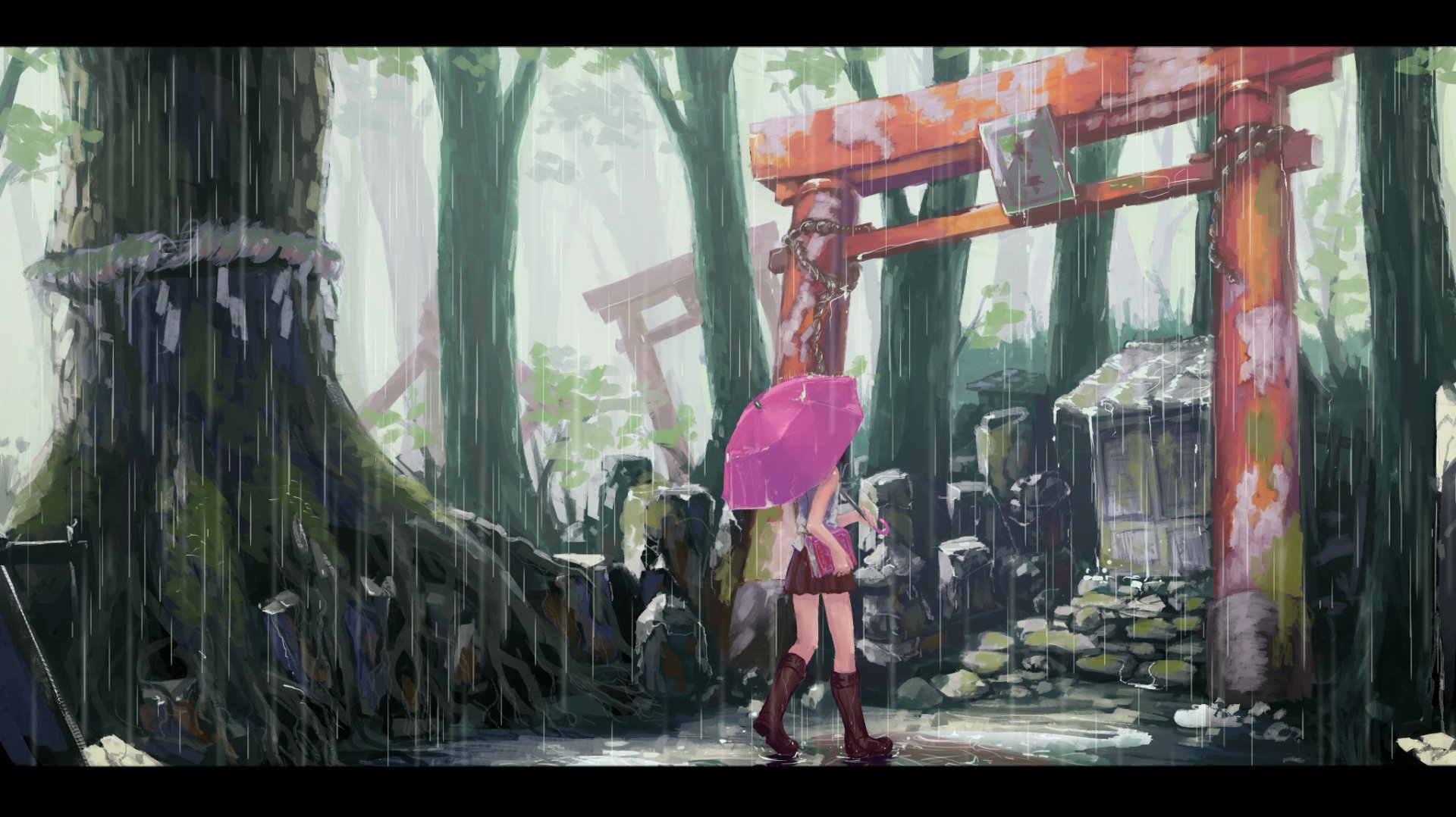 Touhou: Rainy Torii — HD Anime Wallpaper | 2048x1150 | Wallpaper Abyss