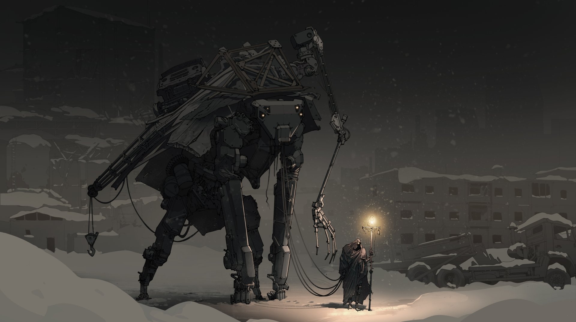 4K Ultra HD Wallpaper: Night in a Post-Apocalyptic Snowfall with a Robot