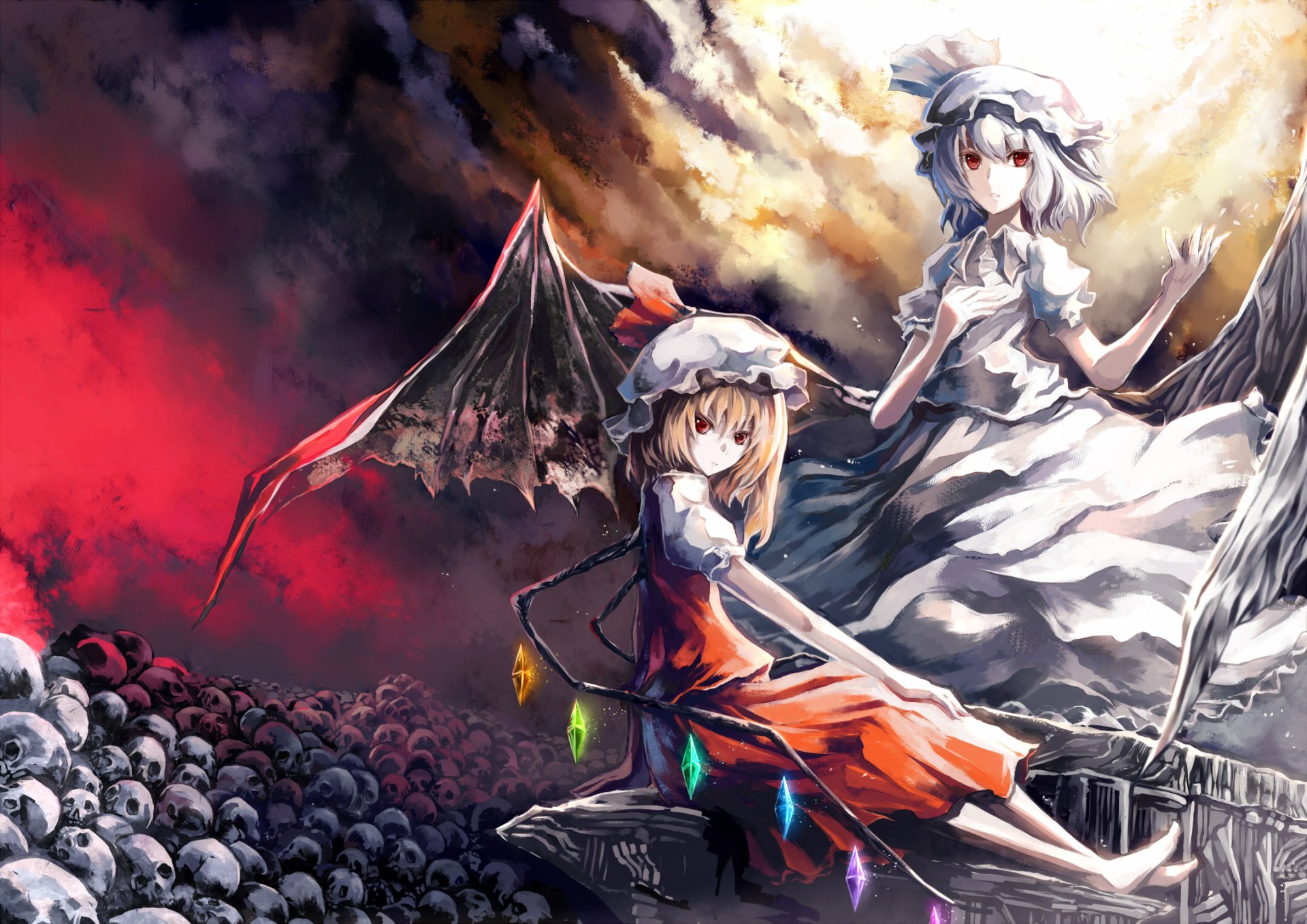 Download Skull Hat Wings Red Eyes Blonde White Hair Anime Touhou HD ...