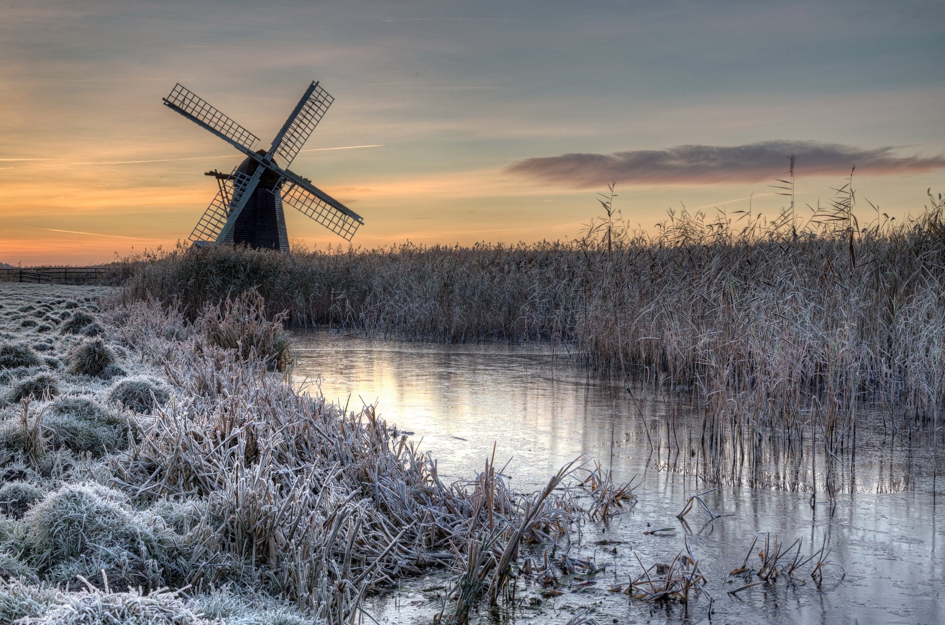 Frozen Winter Windmill: 4K Ultra HD Nature & Man-Made Harmony Wallpaper