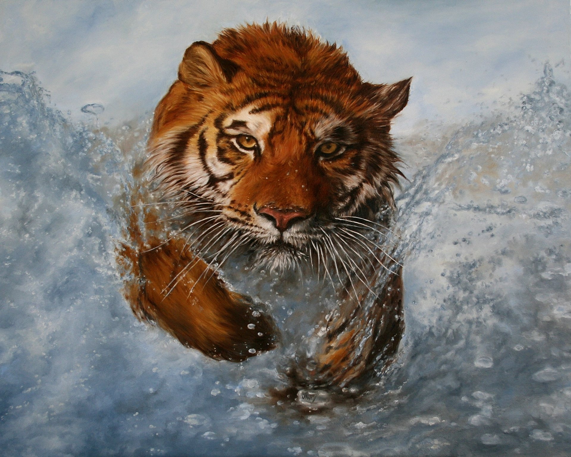 Majestic Tiger Charging Through Water - Artistic HD Wallpaper
