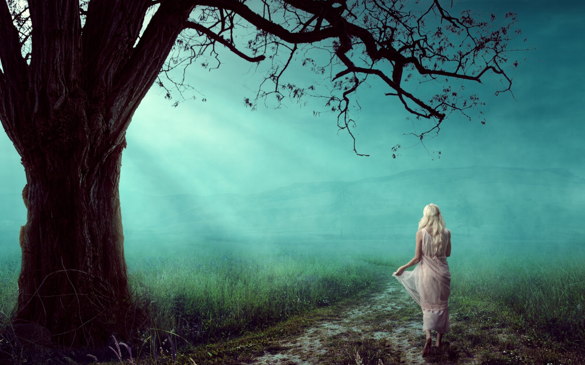 Download Fog Path Tree Blonde Fantasy Woman HD Wallpaper