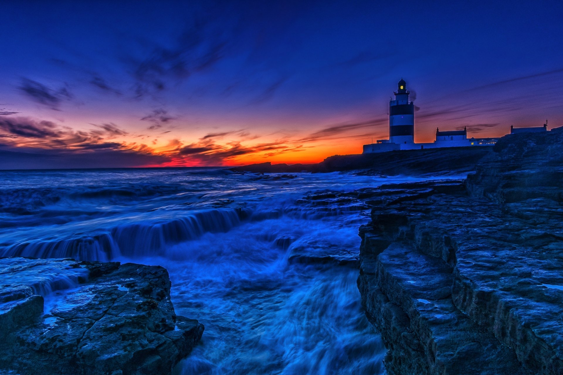 Download Sunset Blue Horizon Ocean Building Man Made Lighthouse HD ...