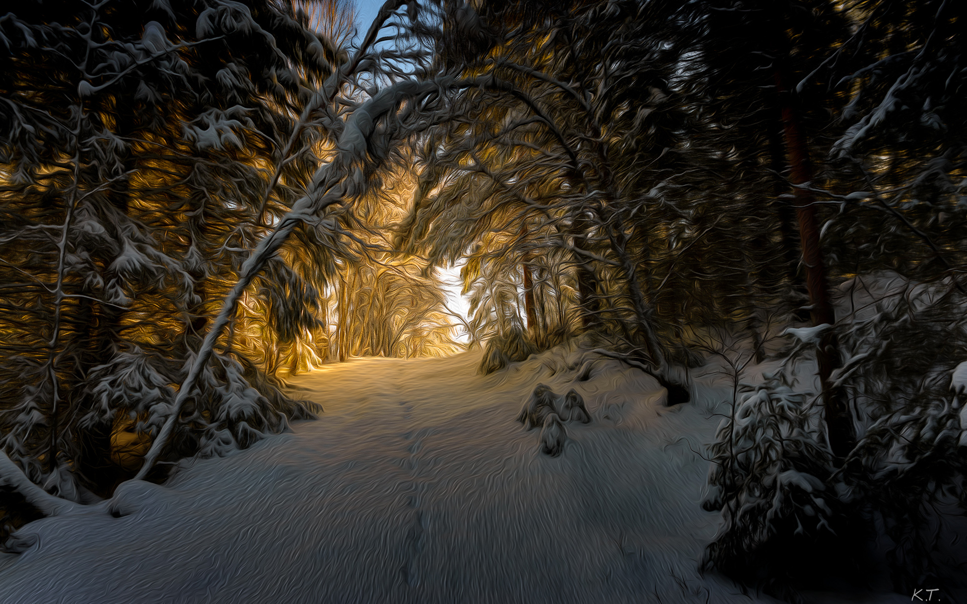 Download Oil Painting Path Canopy Tree Snow Winter Artistic Painting HD ...