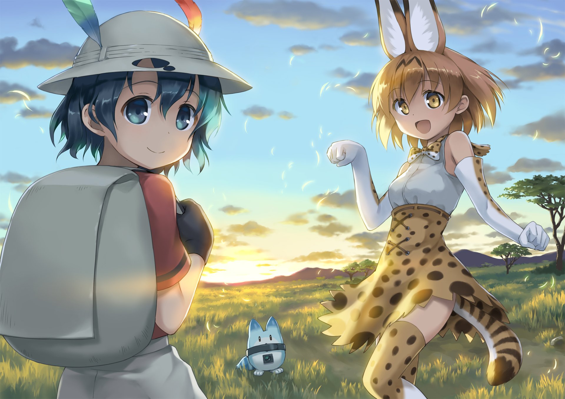 Kemono Friends HD Wallpaper: Serval & Kaban's Sunset Adventure